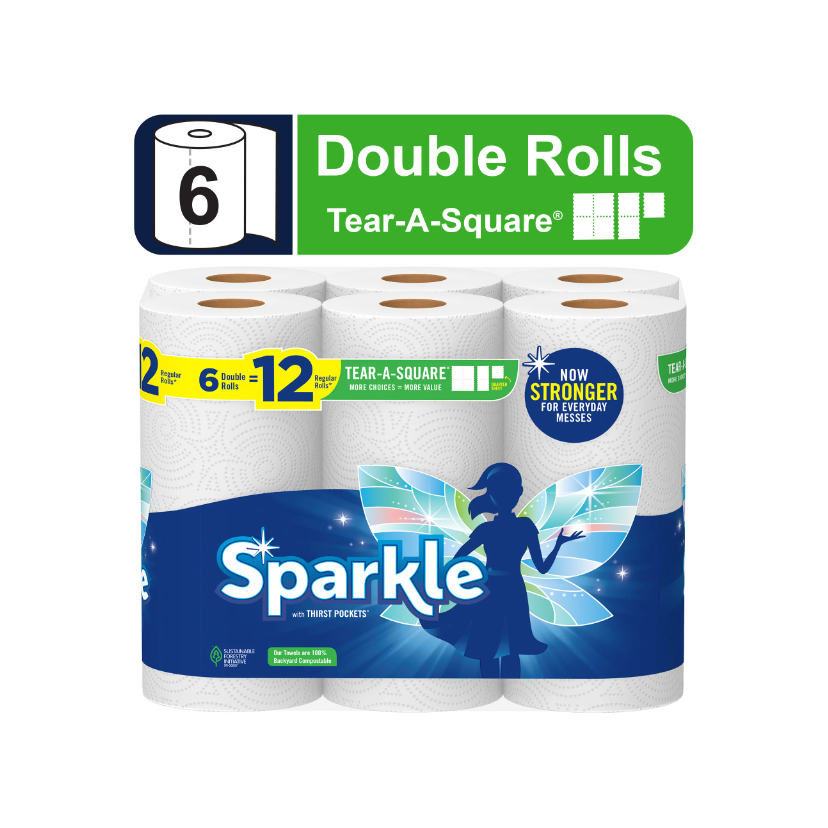 Sparkle Tear-a-Square Paper Towels, White, 6 Double Rolls — Custom Treats