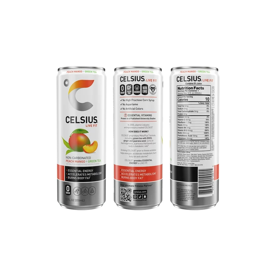 CELSIUS Essential Energy Drink 12 Fl Oz, Peach Mango Green Tea — Custom ...