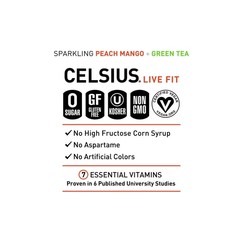 CELSIUS Essential Energy Drink 12 Fl Oz, Peach Mango Green Tea — Custom ...